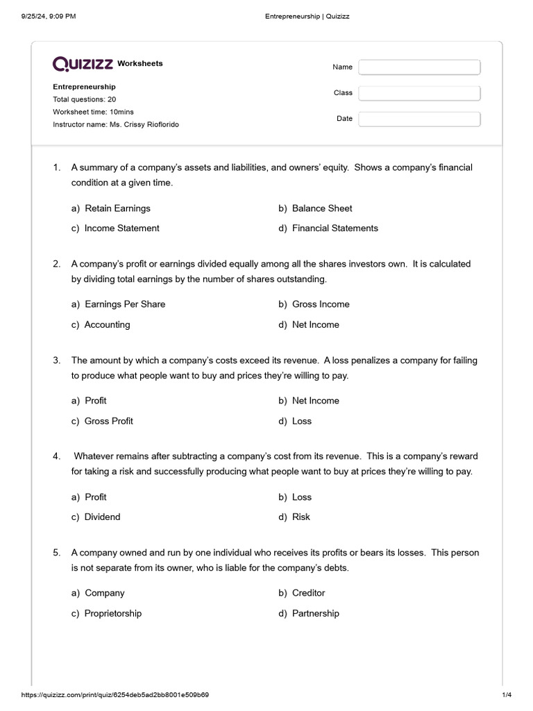 Entrepreneurship Financial Worksheets | PDF | Balance Sheet | Equity ...