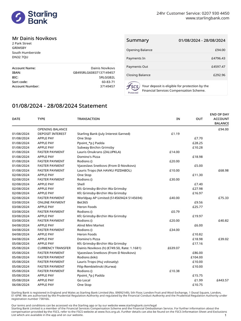 StarlingStatement - 01 08 2024 - 28 08 2024 | PDF | Apple Pay | Interest