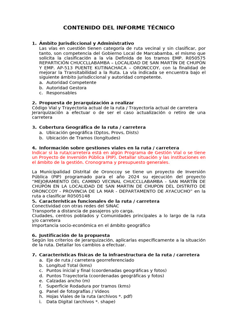 Anexo - Contenido Del Informe Técnico | PDF | La carretera | Transporte
