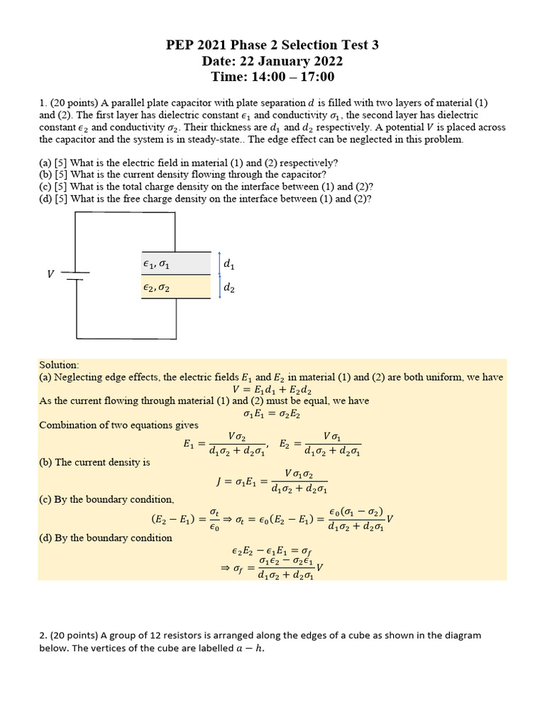 PEP 2021 Phase 2 Selection Test 3 Solution | PDF | Capacitor | Teaching ...