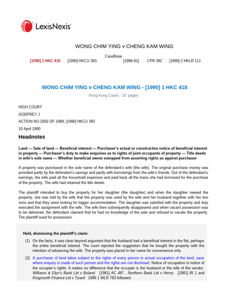 Wong Chim Ying V Cheng Kam Wing, (1990) 1 HKC 418 | PDF