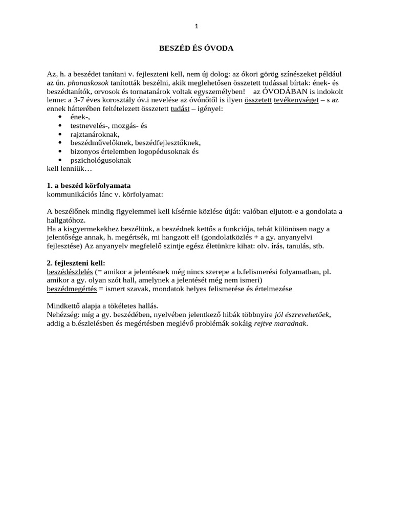 Beszéd És Óvoda - 1 | PDF