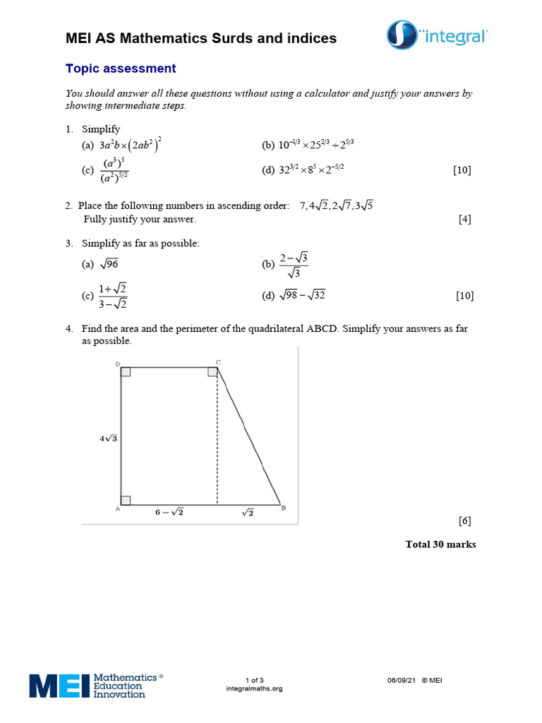 Year 1 - Chapter 2 - Surds and Indices | PDF