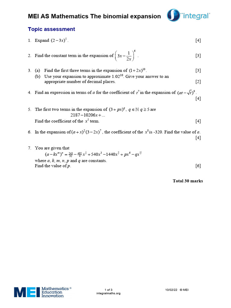 Year 1 - Chapter 9 - The Binomial Expansion | PDF