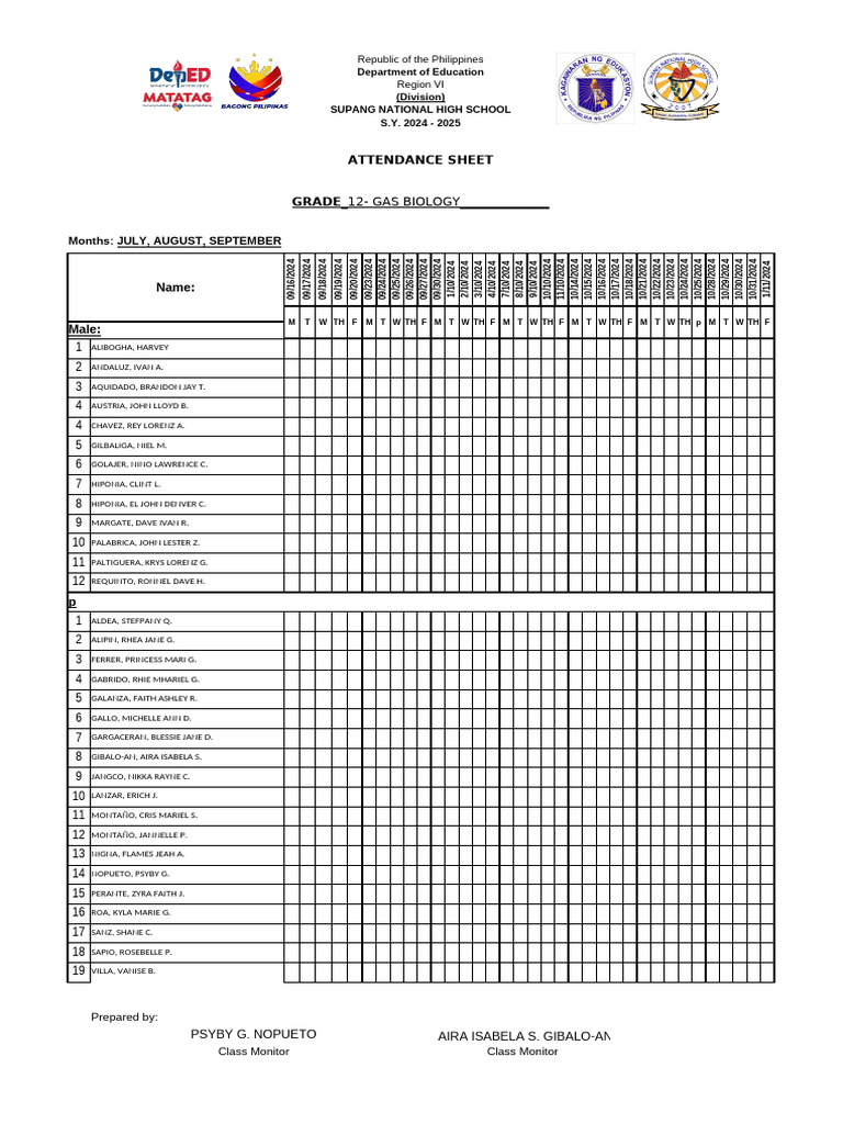 ATTENDANCE SHEET For Subject Teacher (September November) | PDF
