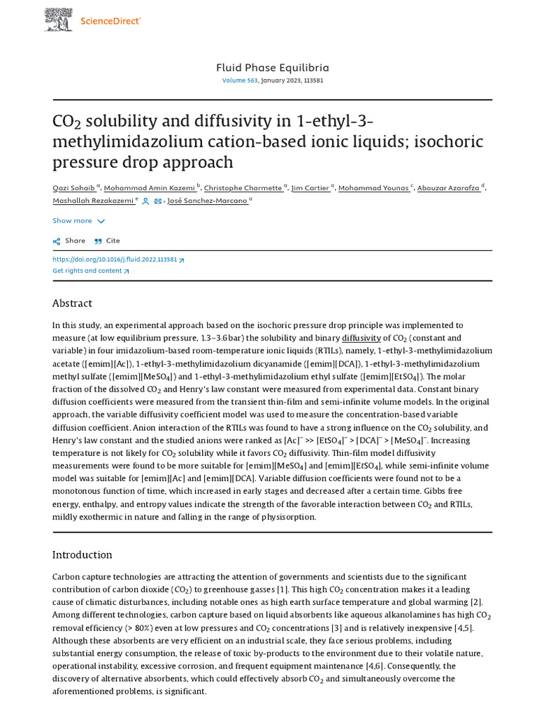 CO Solubility and Diffusivity in 1-Ethyl-3-Methylimidazolium Cation ...