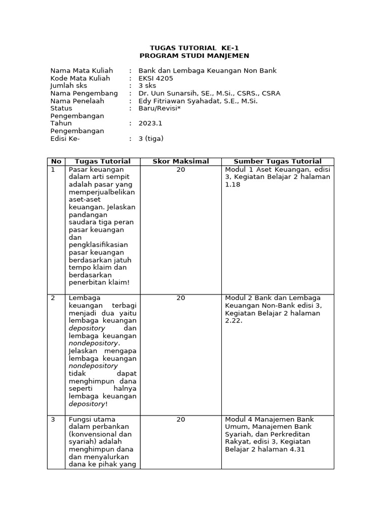 TUGAS TUTORIAL KE 1 (Bank & Lembaga Keuangan) | PDF