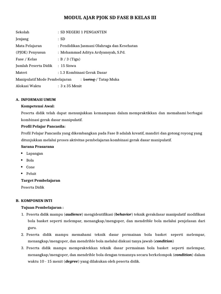 Modul Ajar Pjok SD Fase B Kelas 3 Gerak Manipulatif | PDF