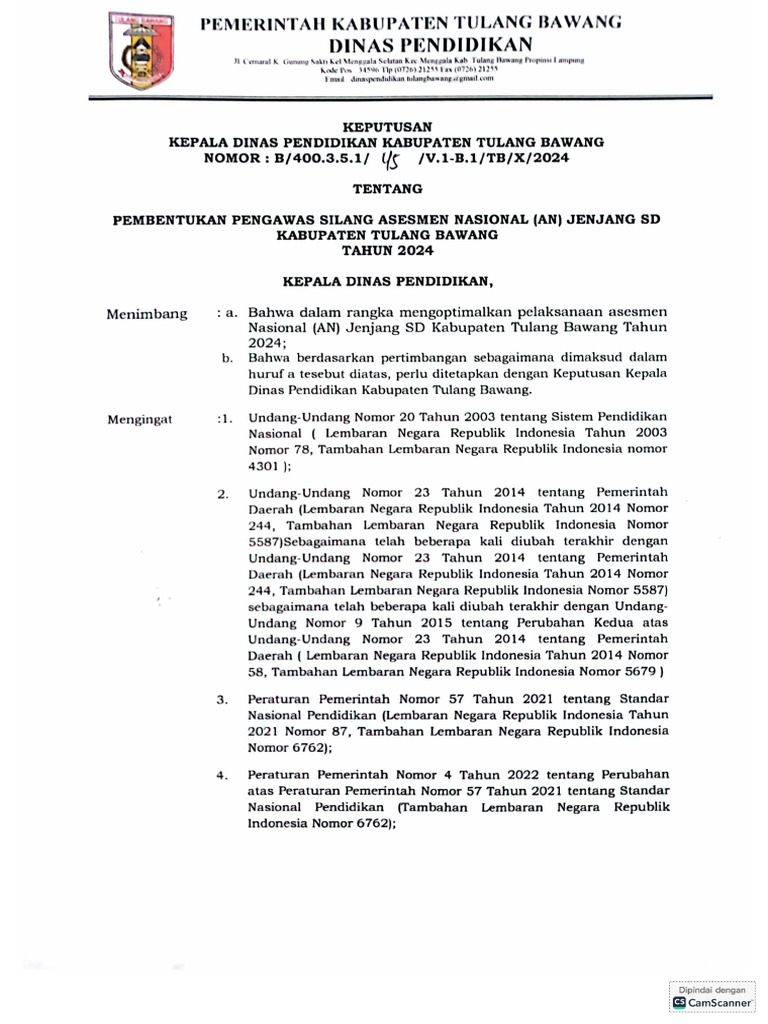 SK Pembentukan Pengawas Silang Asesmen Nasional Jenjang SD | PDF