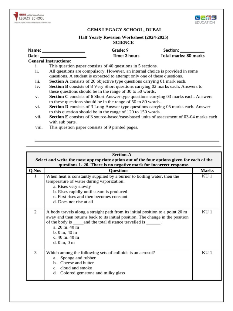 G9 - Science - HYE - Revision Worksheet - AY-24-25 | PDF