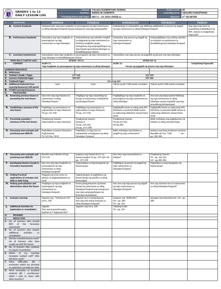 DLL Araling-Panlipunan-3 Q4 W6 | PDF