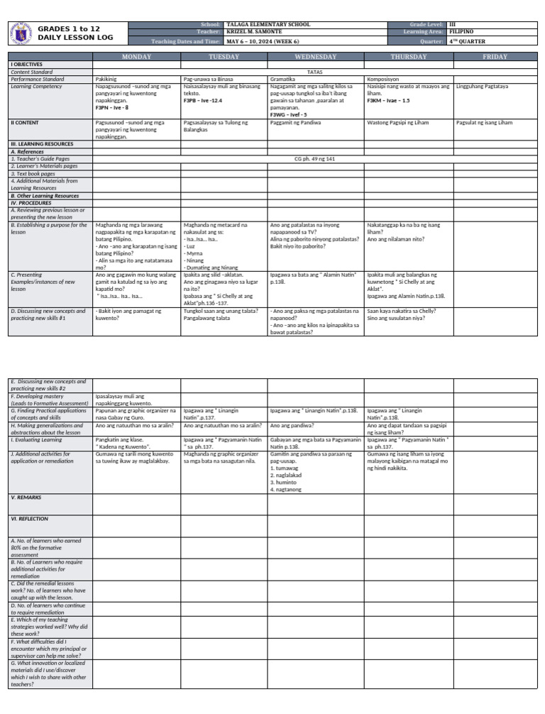 DLL Filipino-3 Q4 W6 | PDF