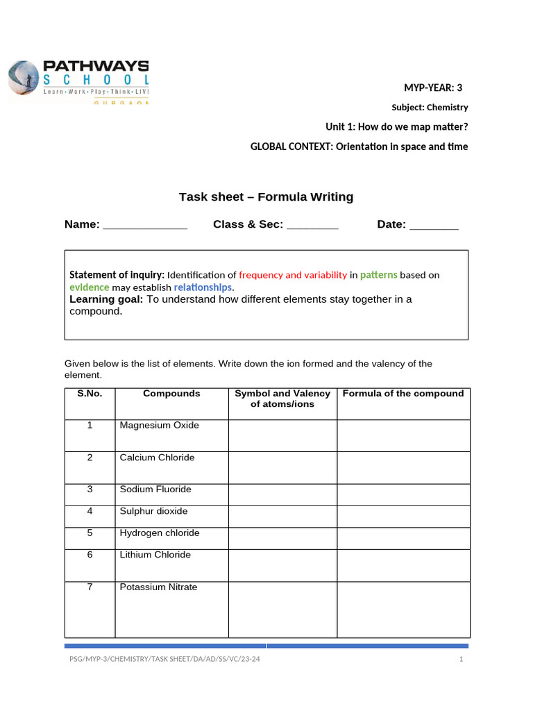 Task Sheet - Formula Writing - : Myp-Year: 3 | PDF