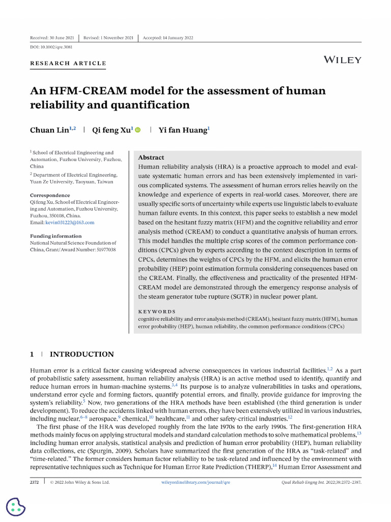 An HFM CREAM Model For The Assessment of Human Reliability and Quantification | PDF