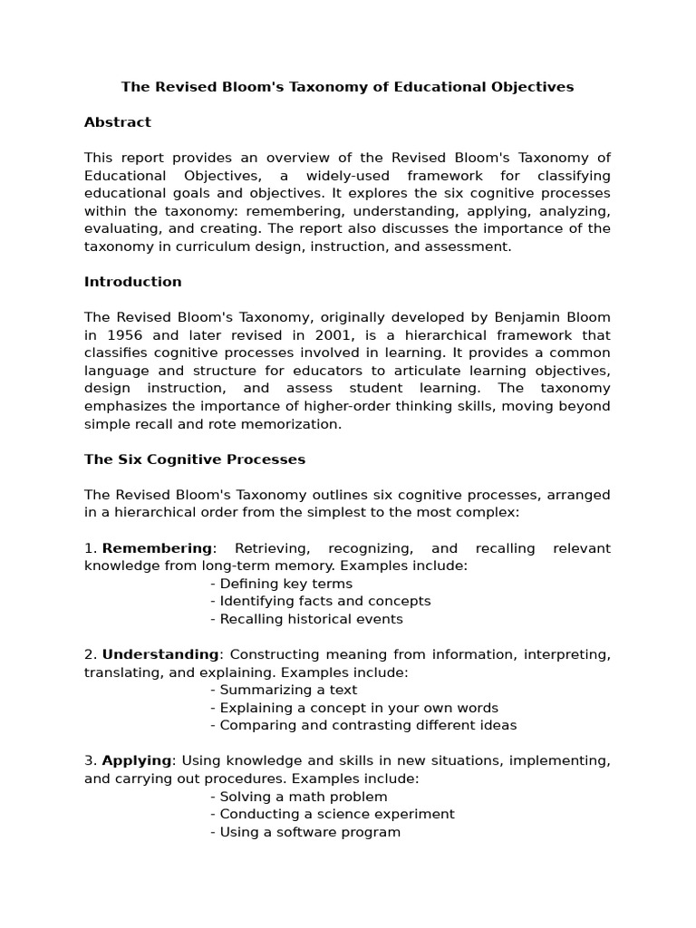 Revised Blooms Taxonomy of Educational Objectives | PDF