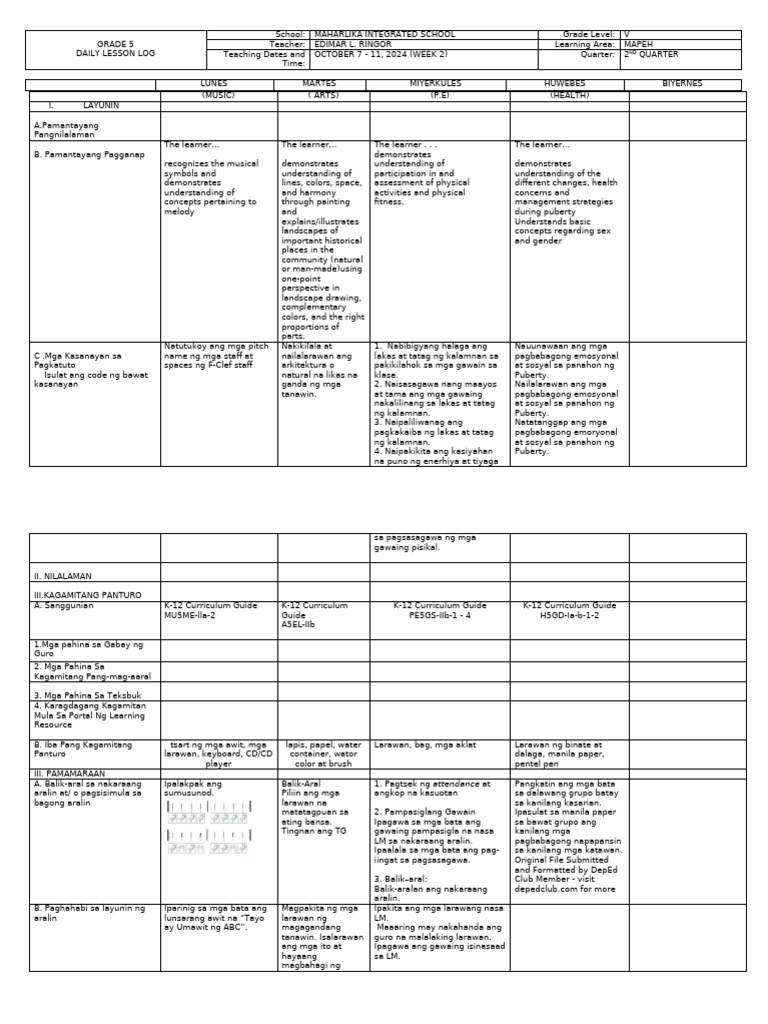 DLL - Mapeh 5 - Q2 - W2 | PDF