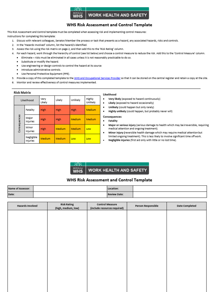 WHS Risk Assessment and Control Template | PDF