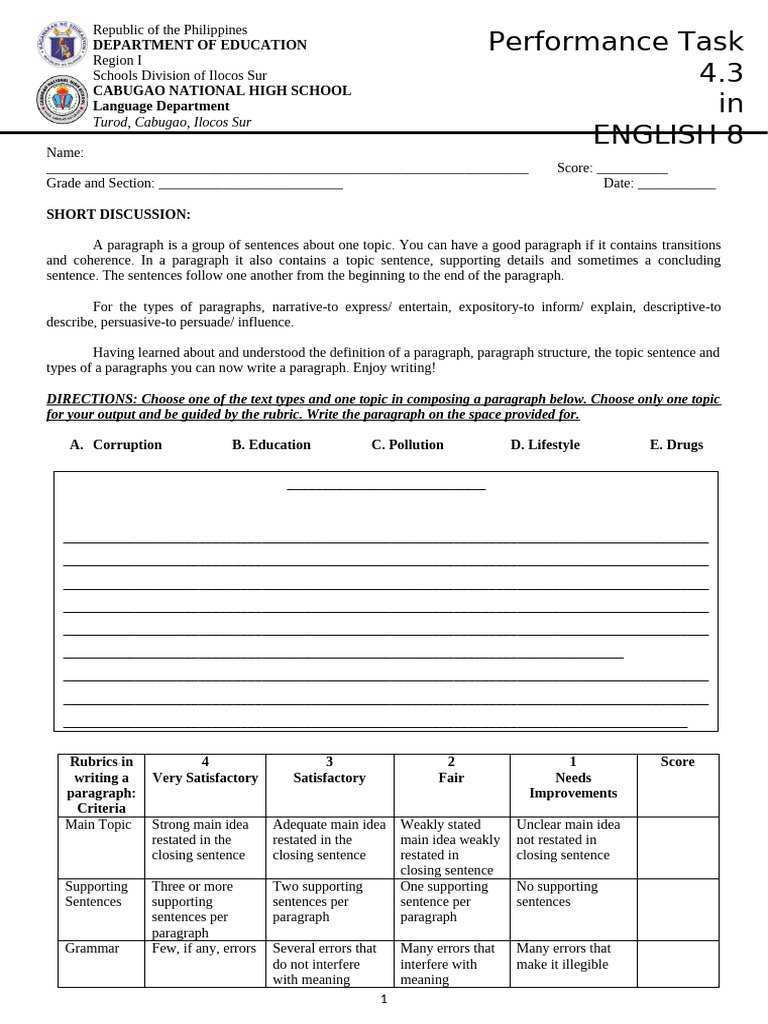 Performance Task 4.3 English 8 | PDF | Paragraph | Rubric (Academic)