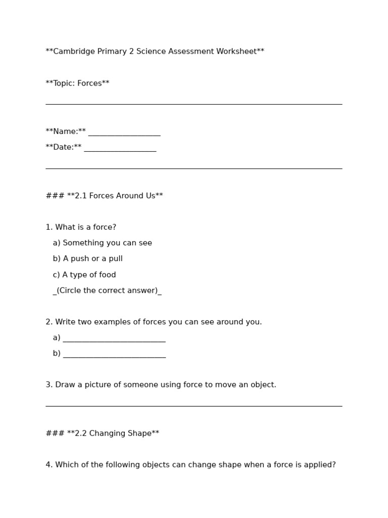 Forces Assessment for Grade 2 Science | PDF