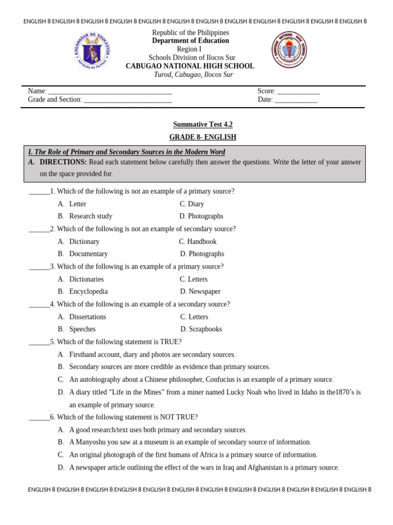Summative Test 4.2 English 8 | PDF | Compassion | Language Arts ...