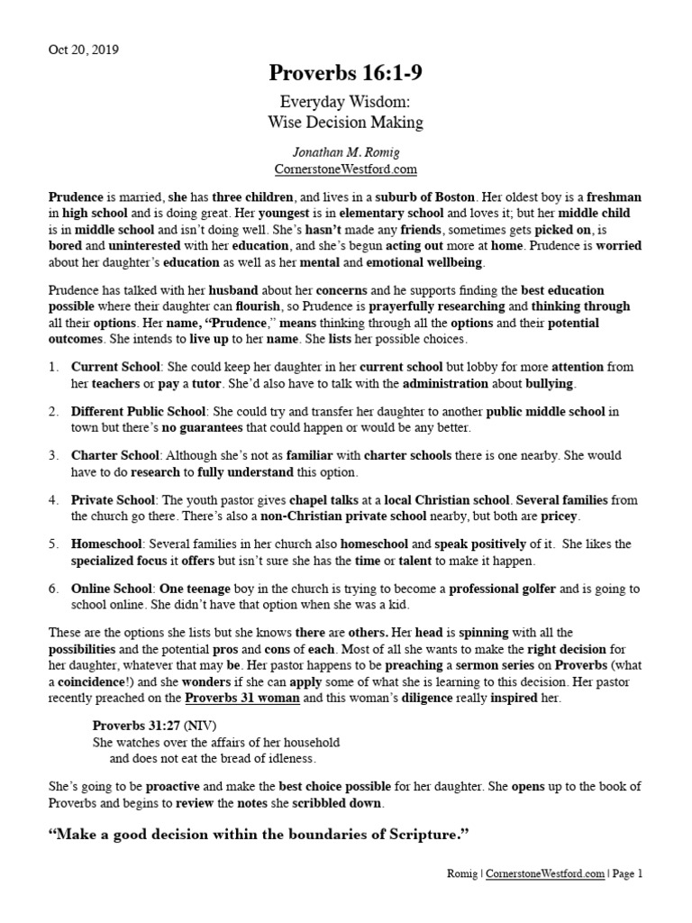 Sermon On Proverbs 16 1 9 Wise Decision Making Jromig Web V0 Pdf