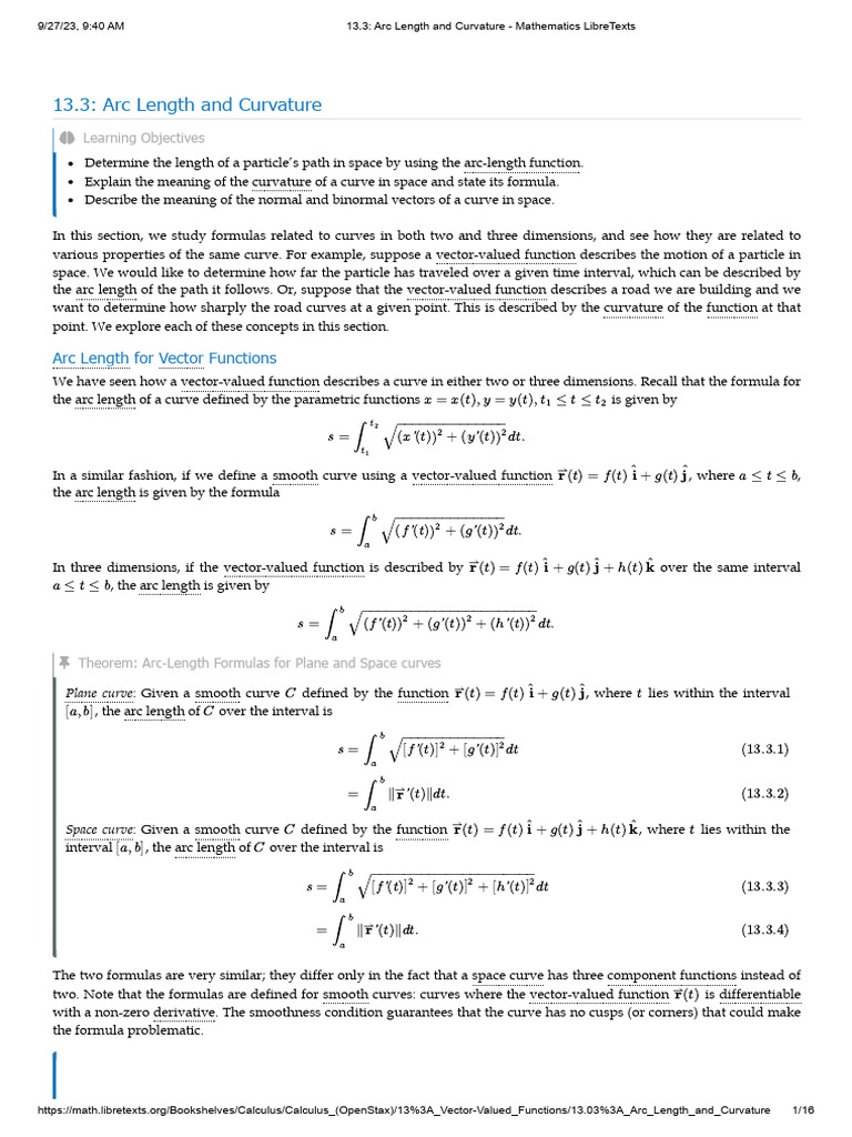 Arc Length and Curvature - Mathematics LibreTexts | PDF
