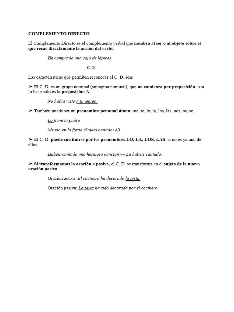 Complementos directo, indirecto, régimen y explicación pasivas | PDF