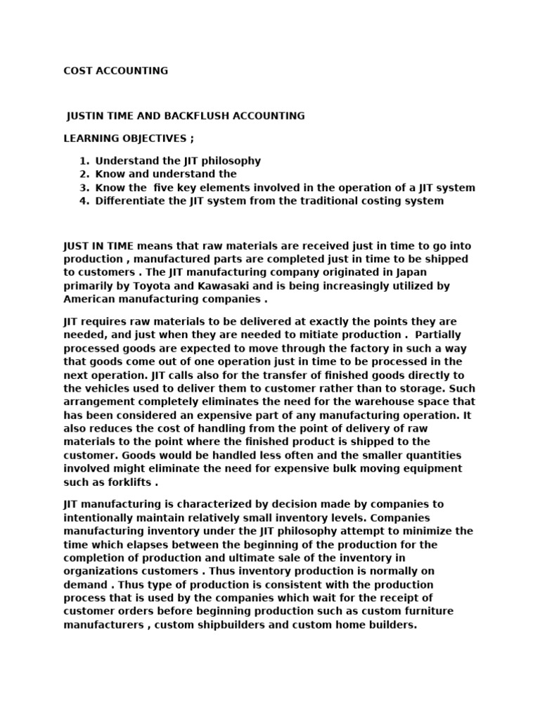 COST ACCOUNTING Jit Andbackflush Acctg | PDF