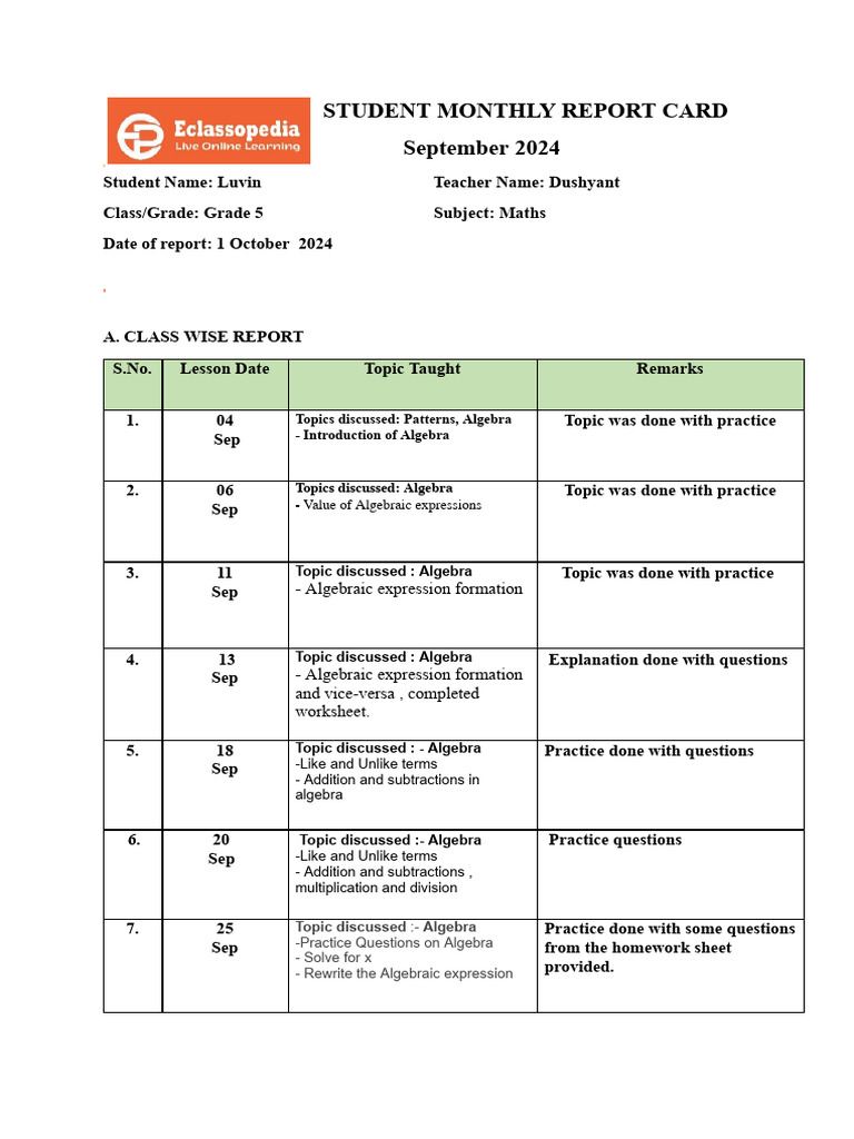 Luvin Monthly Sep Report Card.docx | PDF