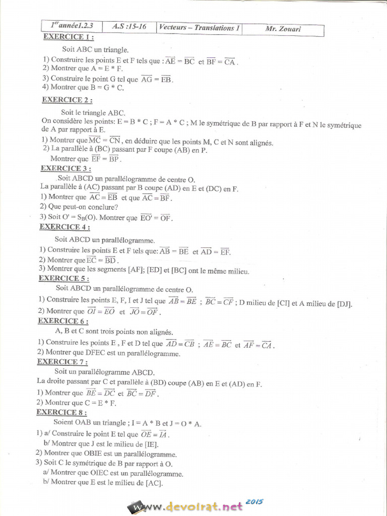 Série D'exercices N°1 - Math - Vecteurs Et Translation (1) - 1ère AS ...