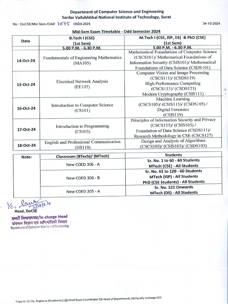 Mid Sem Exam Timetable 1st Year | PDF