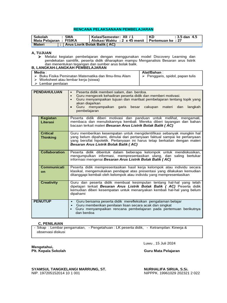 RPP BAB 5 - Arus Listrik Bolak Balik - Semester Ganjil - TP. 2024-2025 | PDF