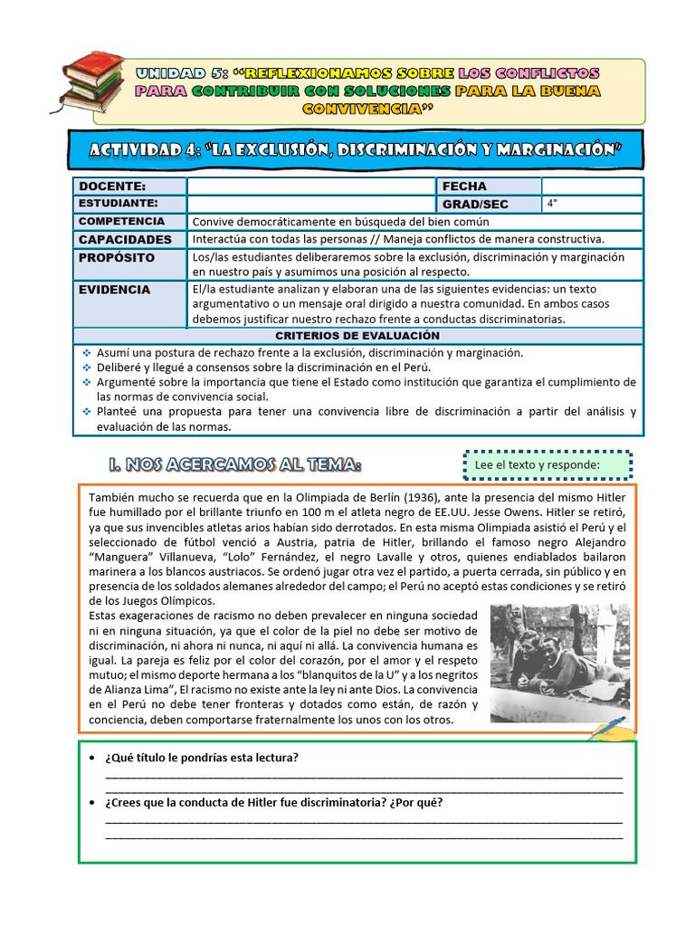 FICHA DE DPCC 4°- La exclusión, discriminación y marginación | PDF