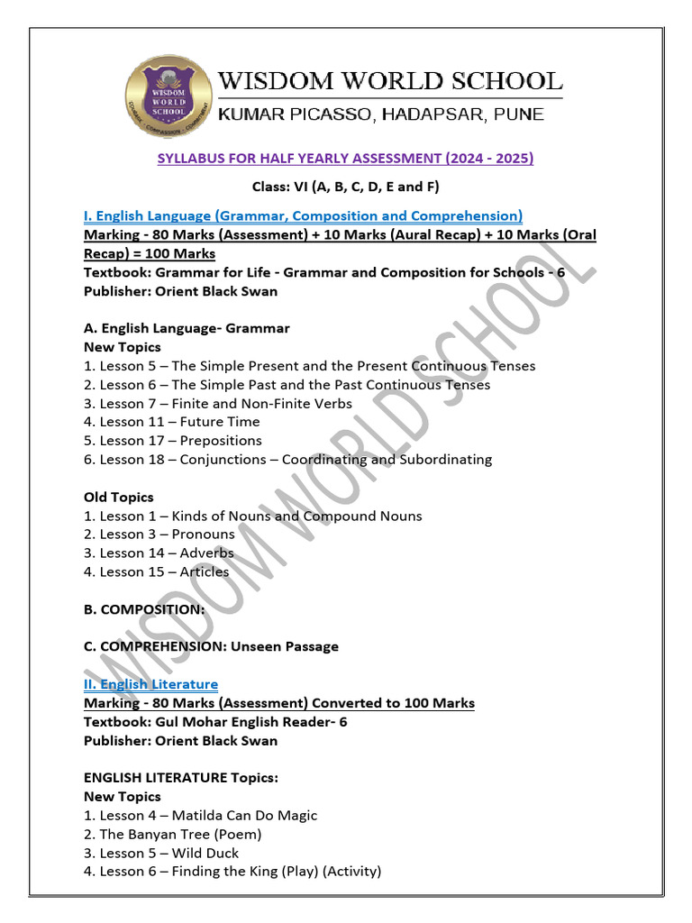 Hf0u1remo5_Std VI - Half Yearly Assessment Syllabus 2024 | PDF