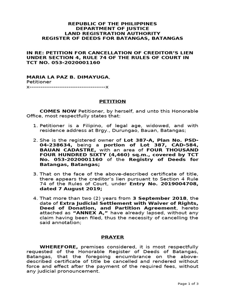 TEMPLATE Verified Petition Cancellation of Section 4 Rule 74 | PDF