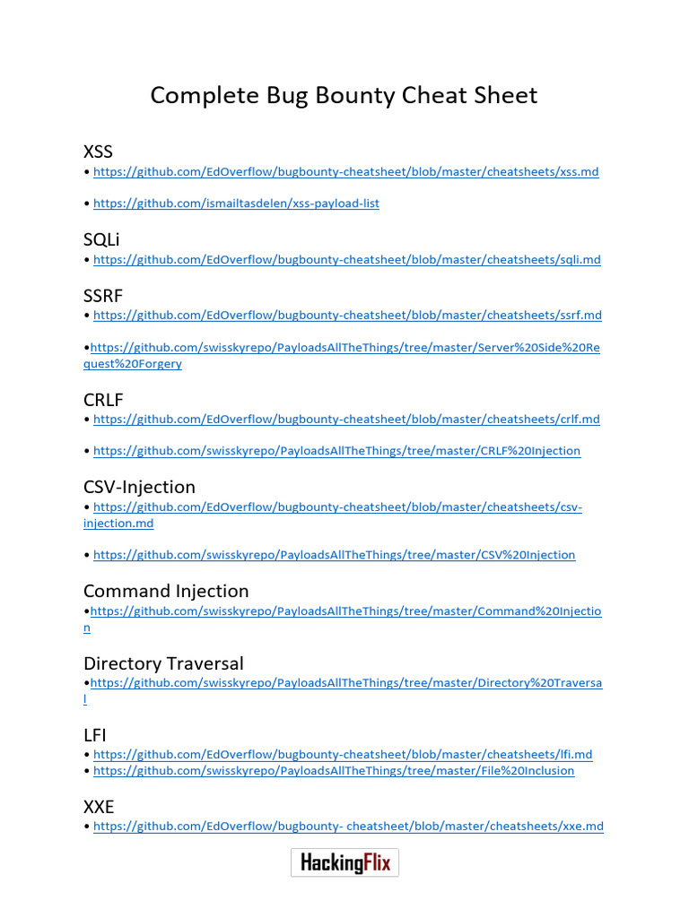Complete Bug Bounty Cheat Sheet | PDF