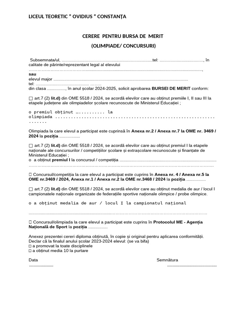 Cerere Bursa de Merit- Olimpiade Concursuri | PDF