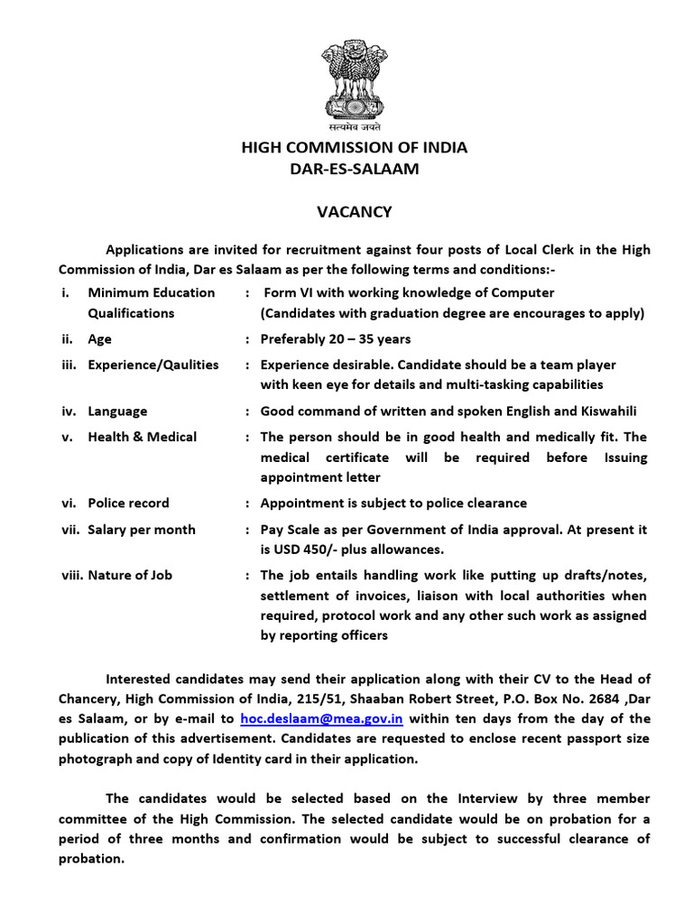 Advertisement For Post of Local Clerks 04 in The High Commission of ...