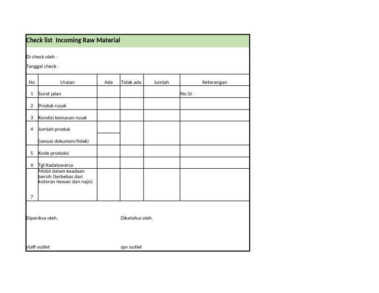 Checklist Incoming Bahan Baku | PDF