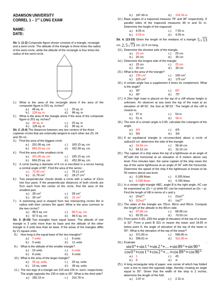 ADAMSON UNIVERSITY Correl 1st Long Exam 2023 | PDF | Area | Triangle