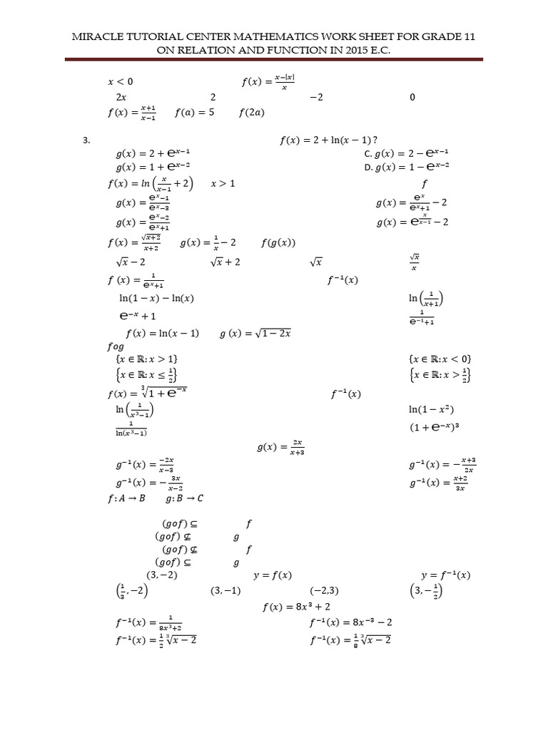 Miracle Tutorial Center Mathematics Work Sheet For Grade 11 On Relation ...