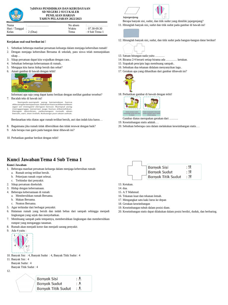 SOAL TEMATIK Kls 2 Tema 4 2021.2022 | PDF