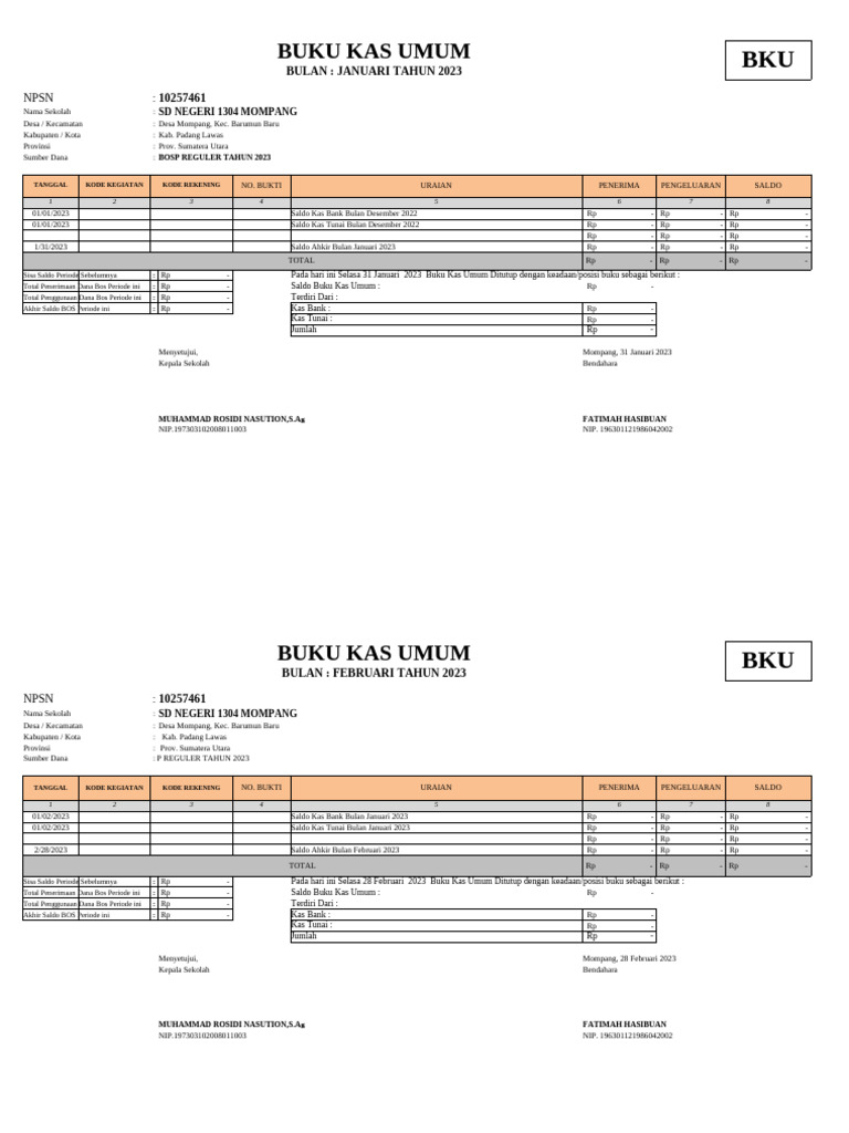 Format BKU Sekolah Tahun 2023 | PDF