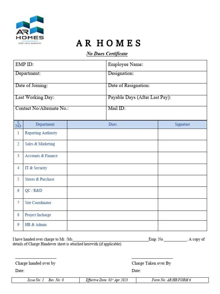 Form 6 - No Dues Certificate - AR Homes | PDF