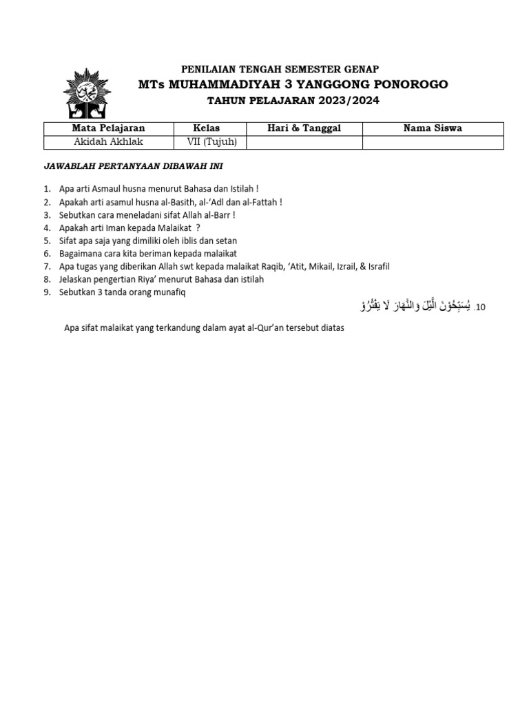 PTS AA kls 7 Genap essay 2024 | PDF