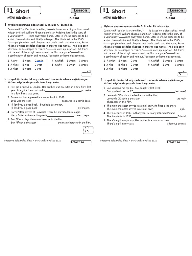 Brainy Kl7 Short Tests Unit 1 Lesson 2 | PDF