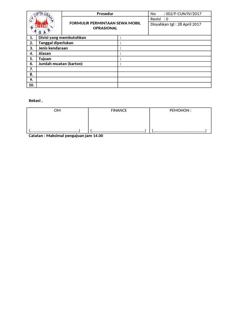 FORM Sewa Mobil | PDF