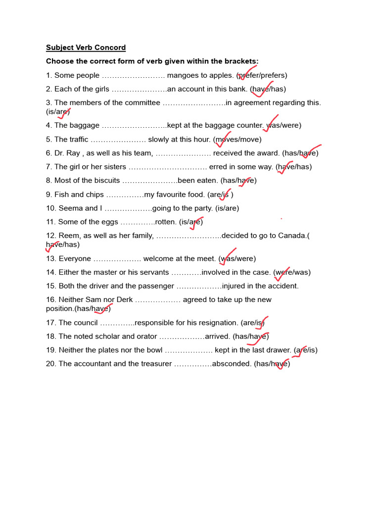 Subject Verb Concord - Worksheet 1 | PDF