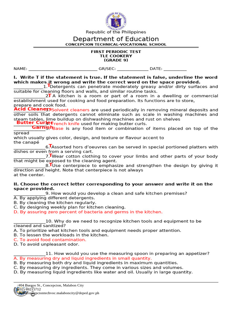 FIRST-QUARTER-EXAM-TLE-9-COOKERY-TOS | PDF