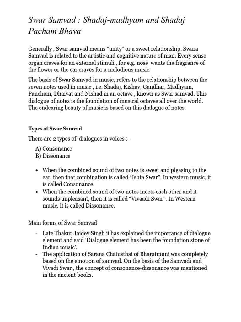 Swar Samvad - Shadaj Madhyam and Shadaj Pancham Bhava | PDF